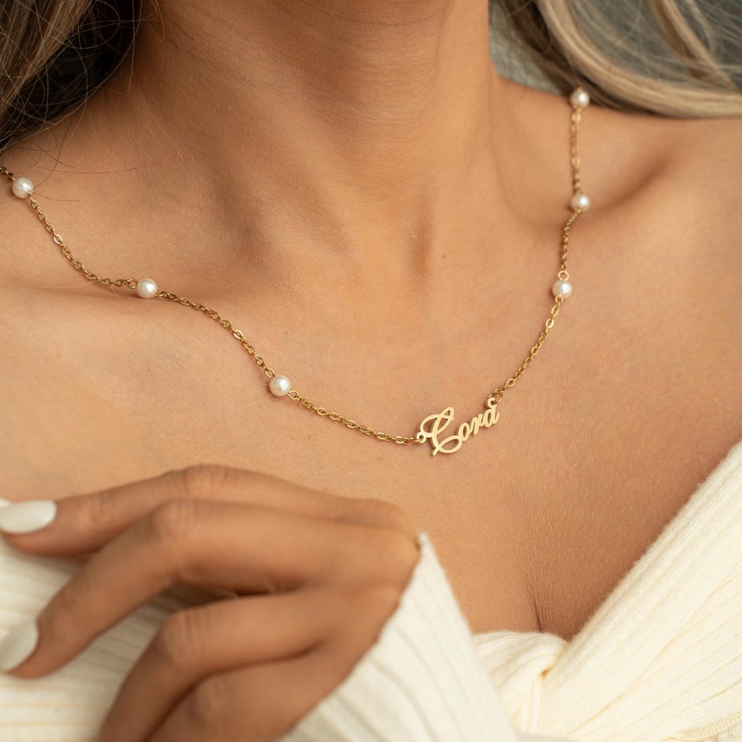 Custom Gold Pearl Name Necklace, Personalized Name Necklace, 18K Gold ...