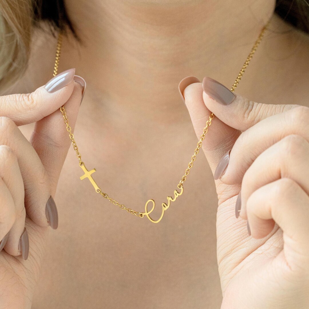 Gold Cross Name Necklace, Custom Minimalist Necklace, Christian Gifts ...