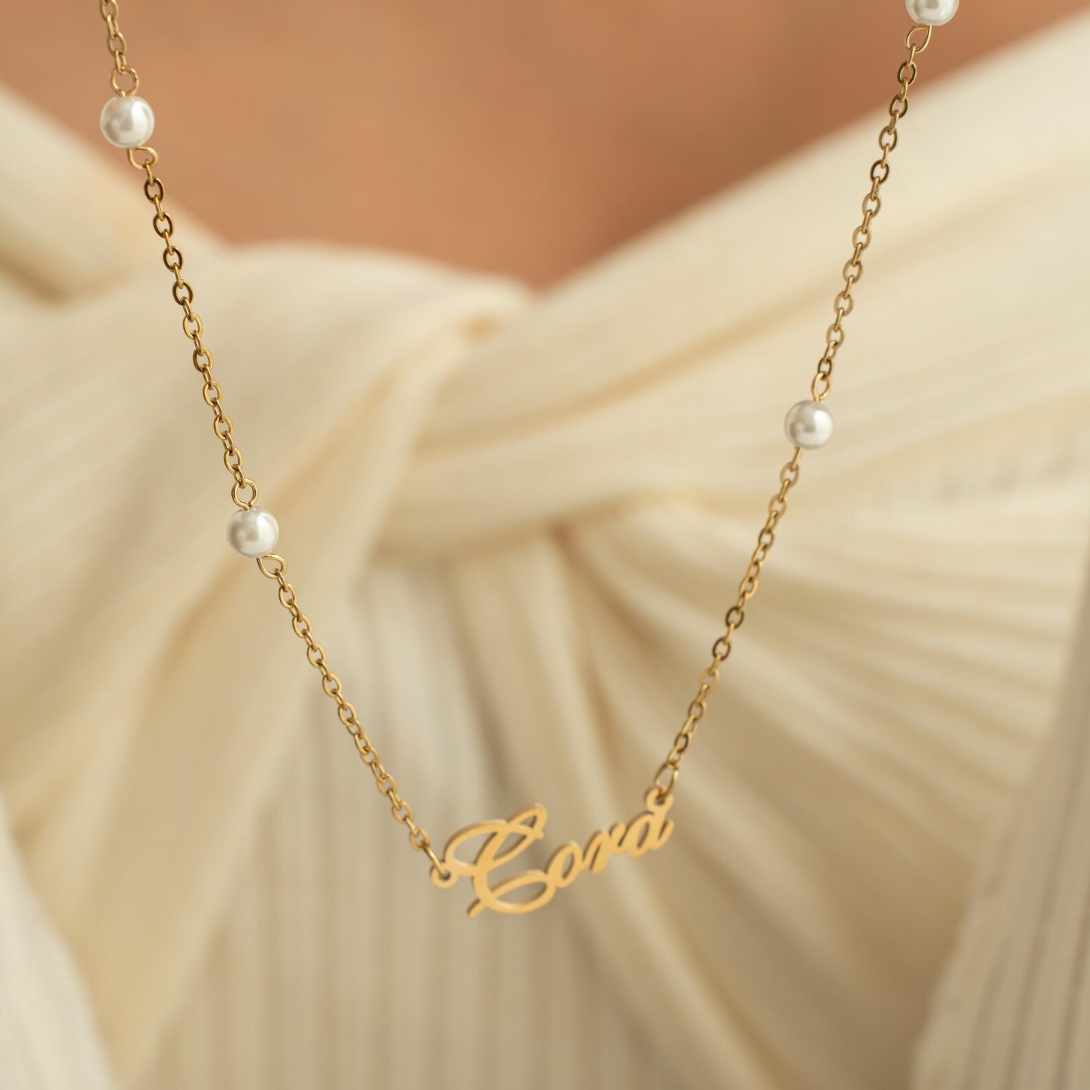Custom Gold Pearl Name Necklace, Personalized Name Necklace, 18K Gold ...