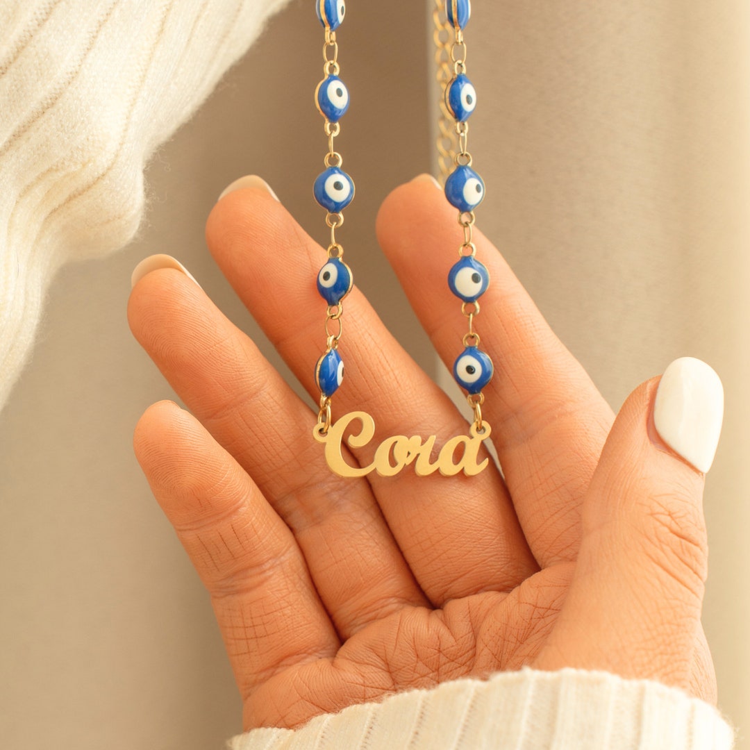 14K Gold Evil Eye Name Necklace: Personalized Stainless Steel Cable ...