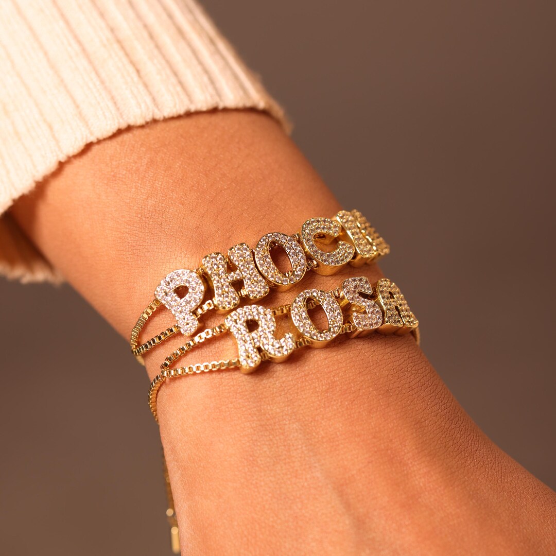 Dainty Name Stackable Bracelet • Gold Diamond Name Bracelets • Custom ...