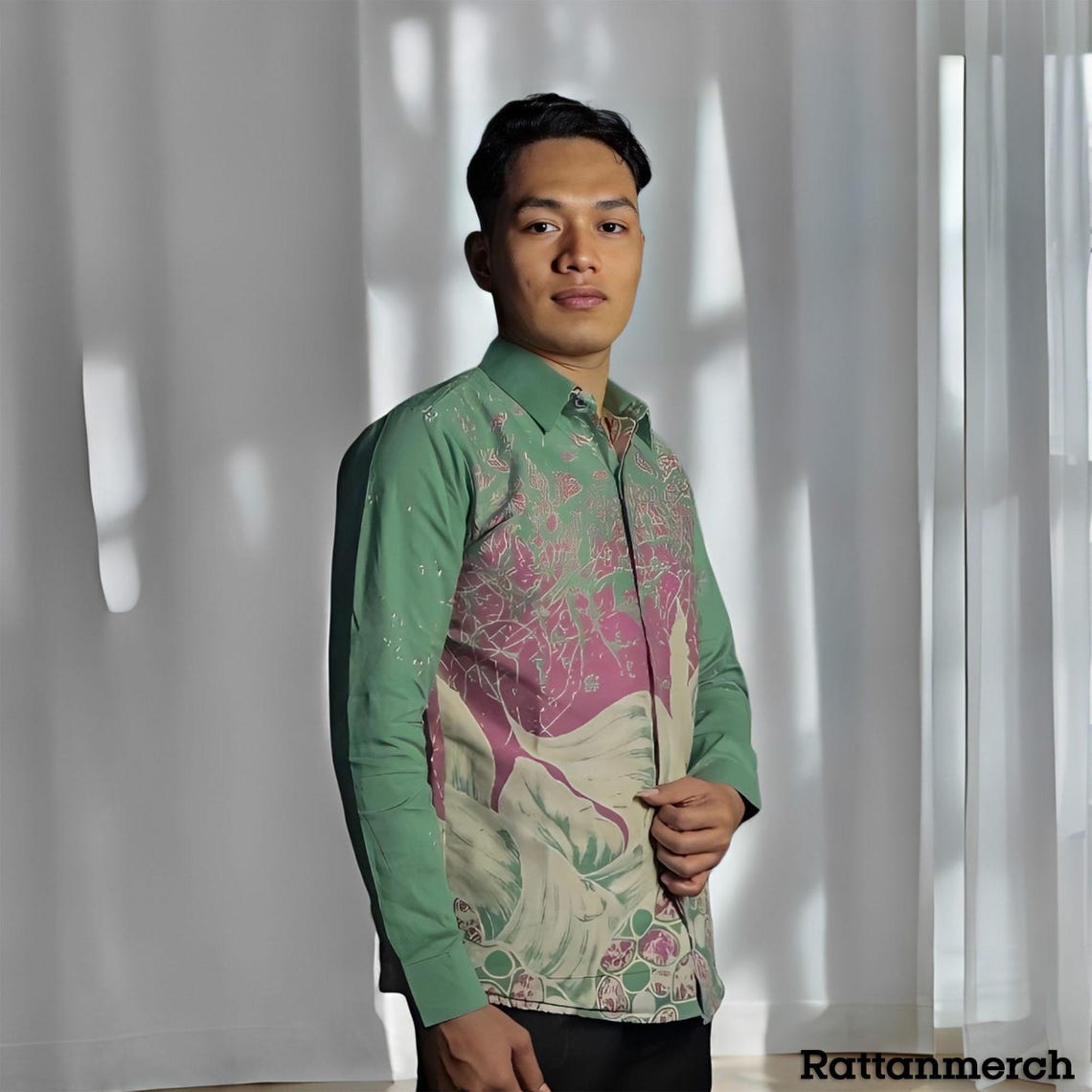 Batik Shirt Prabujaya Motif Wardah Green Old Lilac,men Batik,batik,men ...