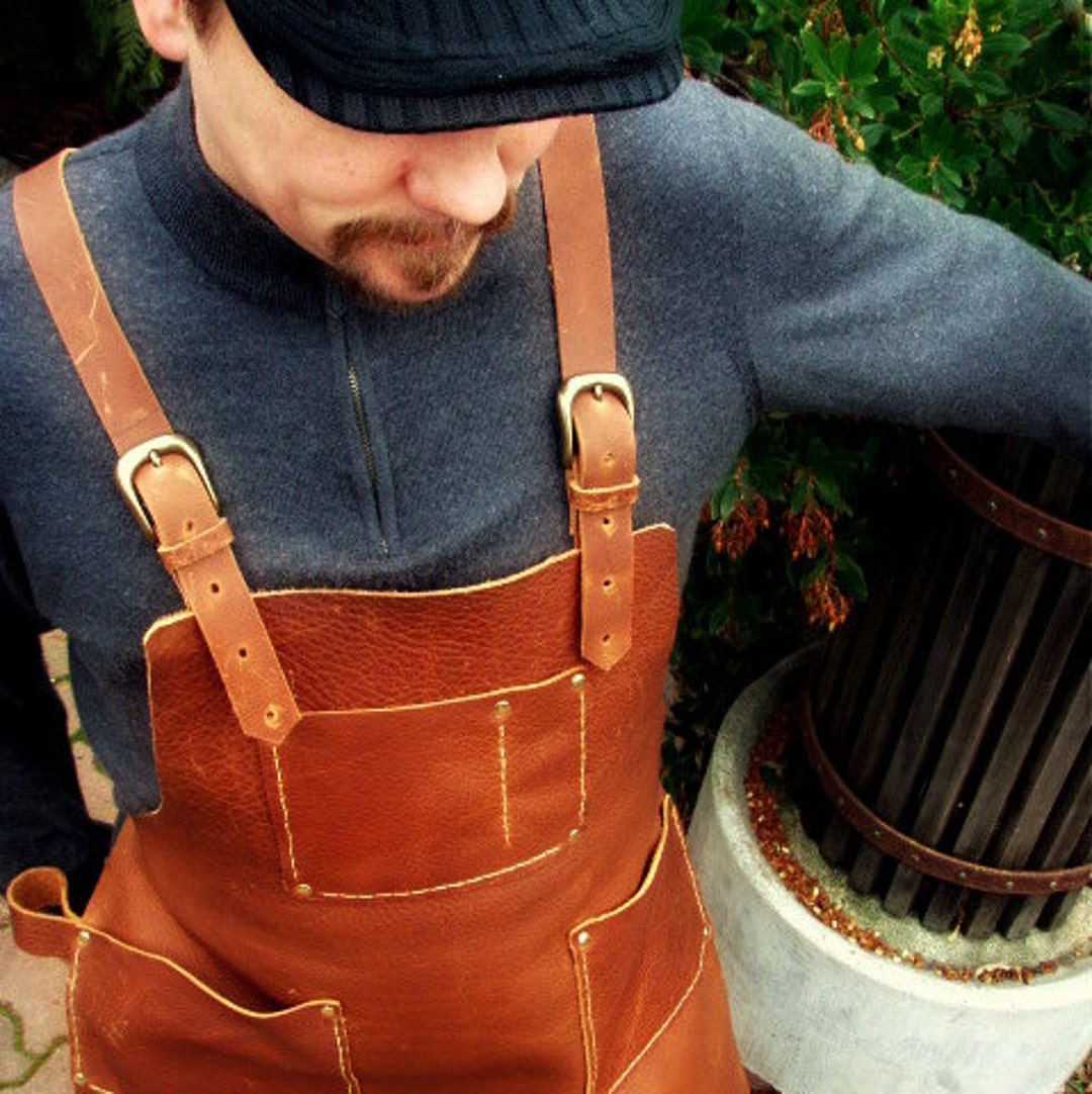 Leather Work Apron With Chest Pocket, Hip Pockets, Brass Buckles and ...