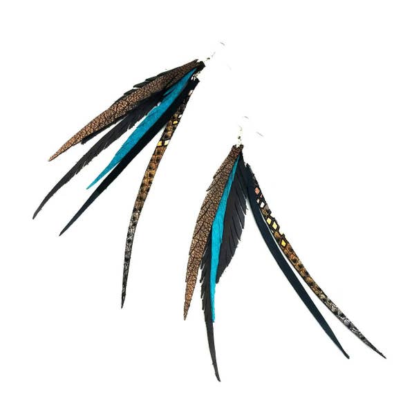 Long Double Layer Leather Feather Earrings With Sterling | Etsy UK