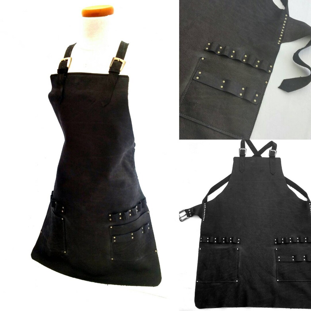 Stylist's Black Leather Apron With Tool Loops and Pockets, Brass ...