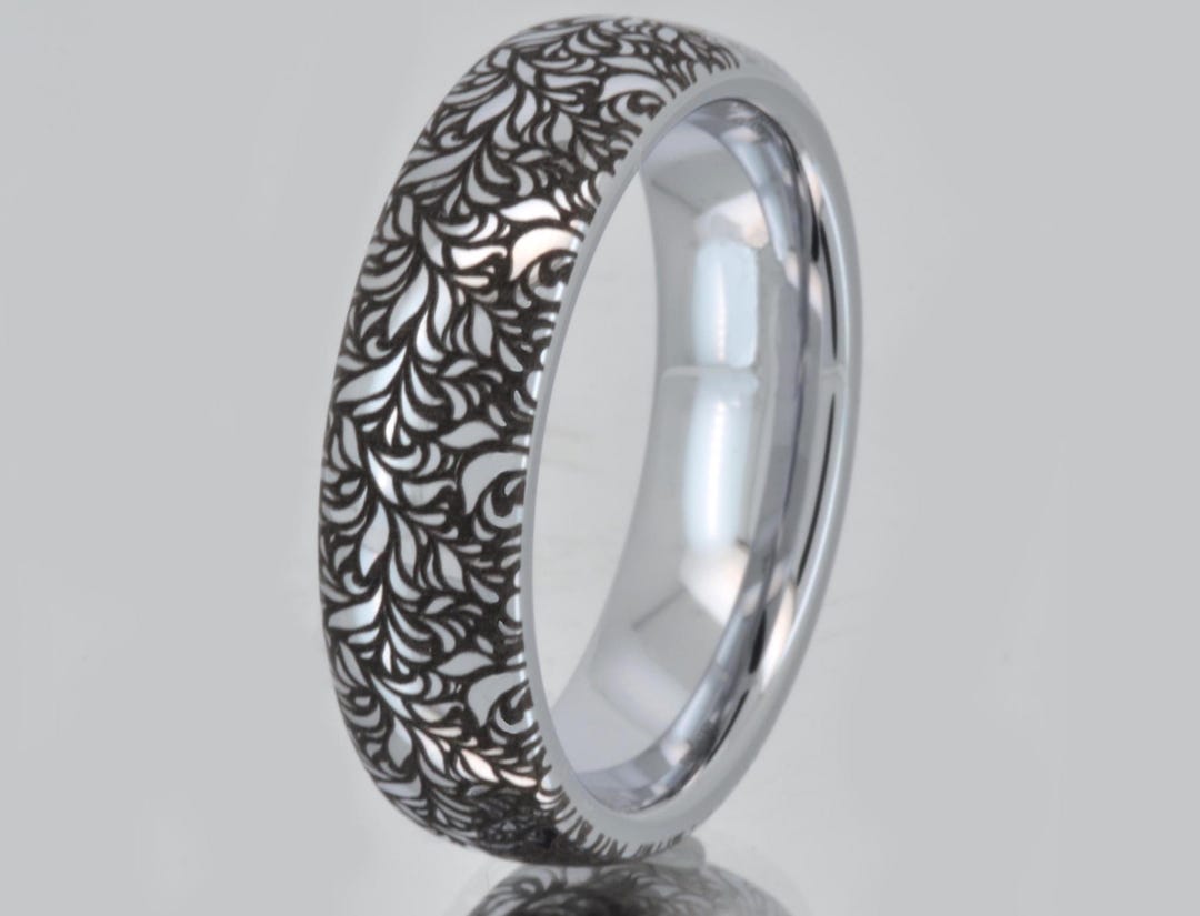 White Gold Tungsten Ring With Intricate Floral Pattern, Elegant Wedding ...