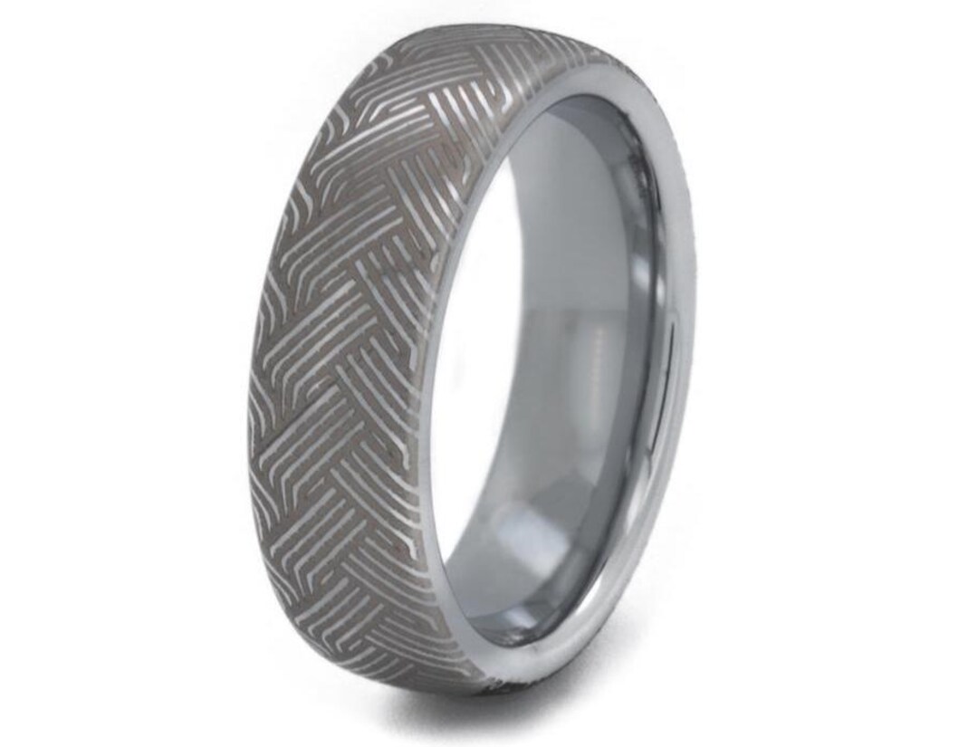 Subtle Woven Geometric Line Pattern Tungsten Ring, Elegant White Gold ...