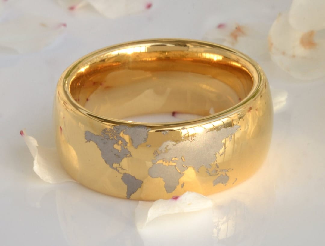 Engraved Globe Gold Tungsten Ring - World Map Design, Elegant Wedding ...