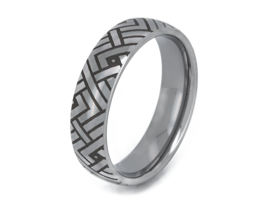Contemporary White Gold Tungsten Ring With Unique Engraving - Ideal ...