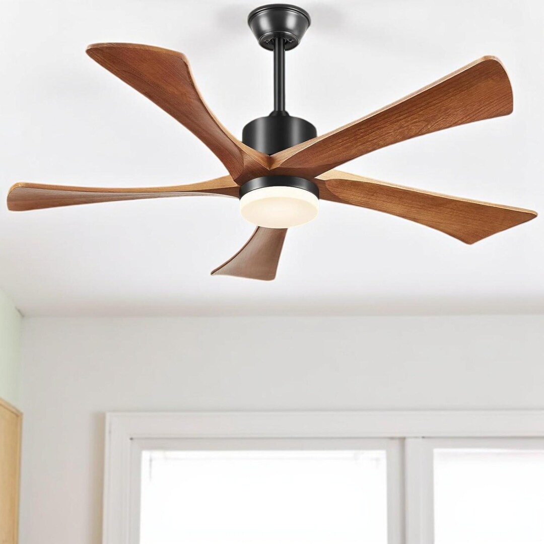 Solid Wooden 5 Blades Ceiling Fans With Lights and Remote Control, DC ...