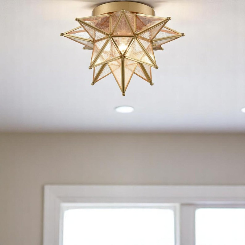 Brass Detailed Moravian Star Flush Mount Ceiling Light Fixture , Boho ...