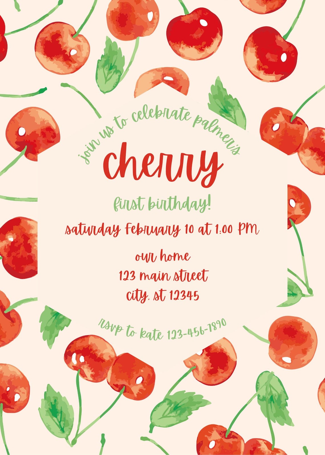 Cherry First Birthday Invitation Template Download - Etsy