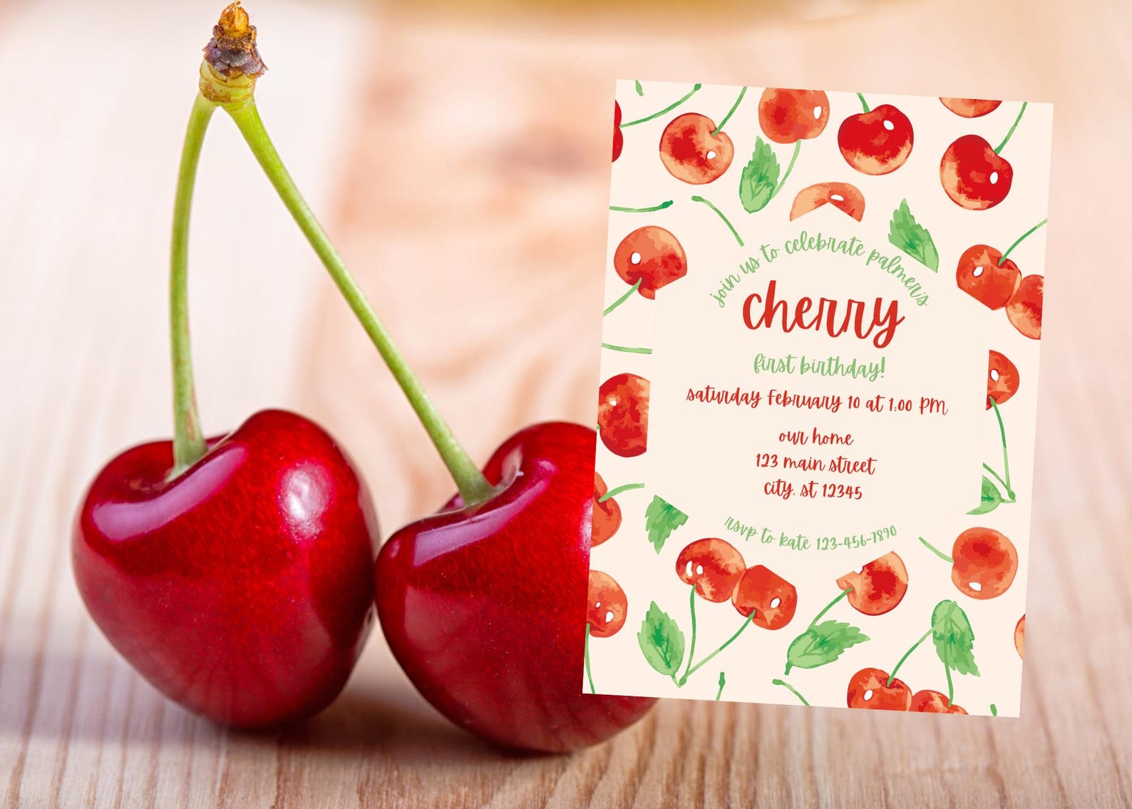 Cherry First Birthday Invitation Template Download - Etsy