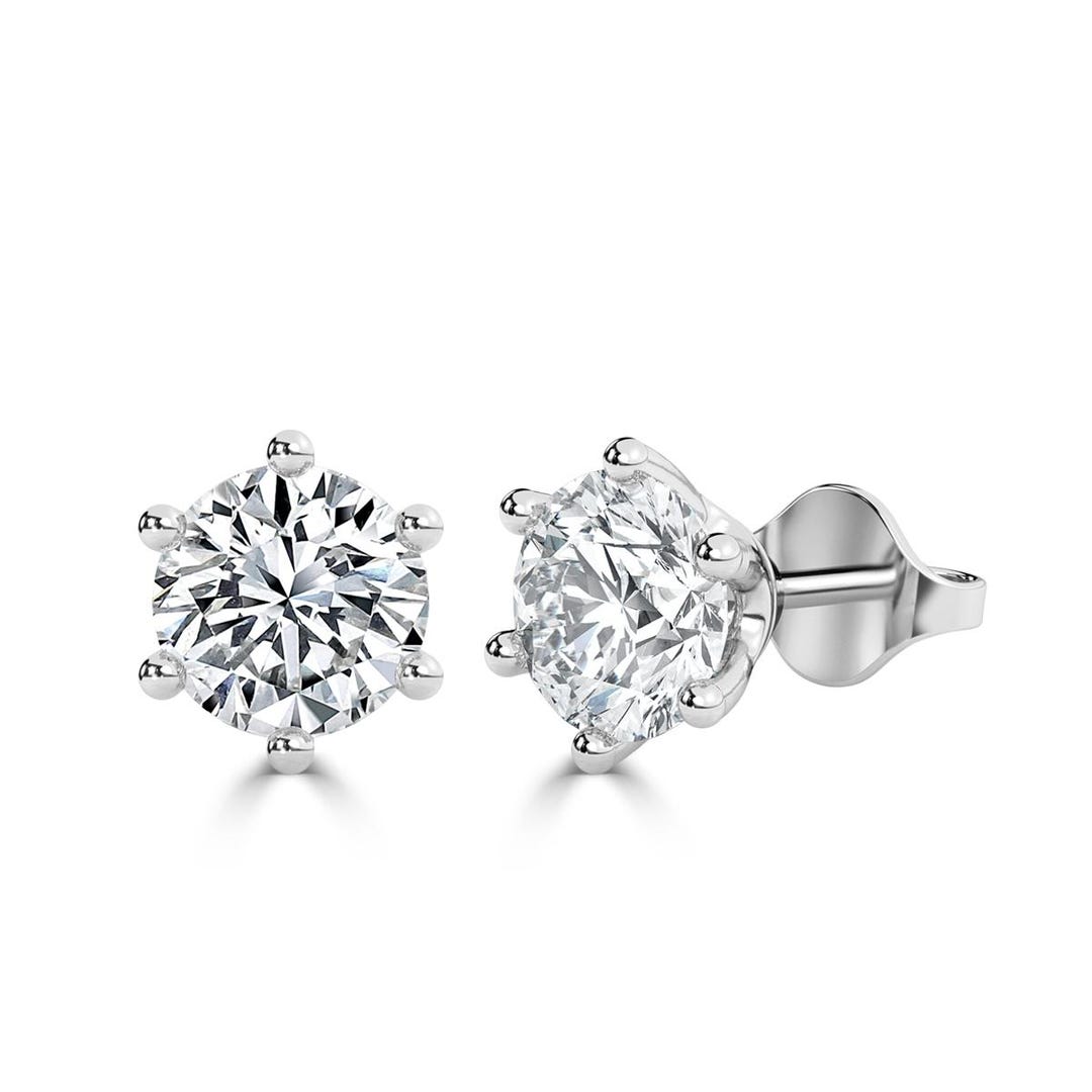 Round 6 Prong Martini Diamond Moissanite Stud Earrings 1ct 0.50 0.75 2ct VS-VVS 14k, 18K White ...