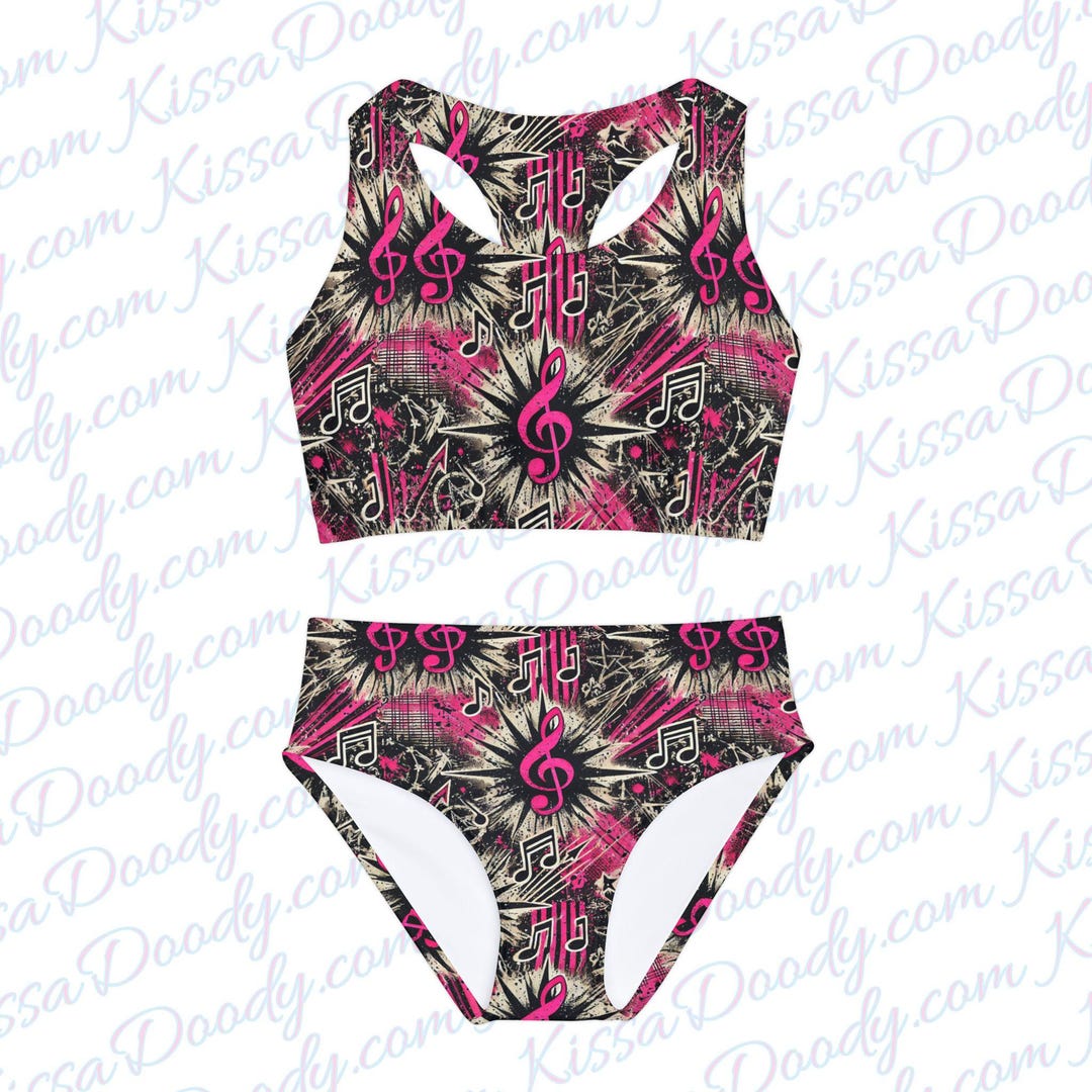 Pink Punk Rock Music Note Girls Two Piece Swimsuit Size 3/4 5/7 8/10 11 ...