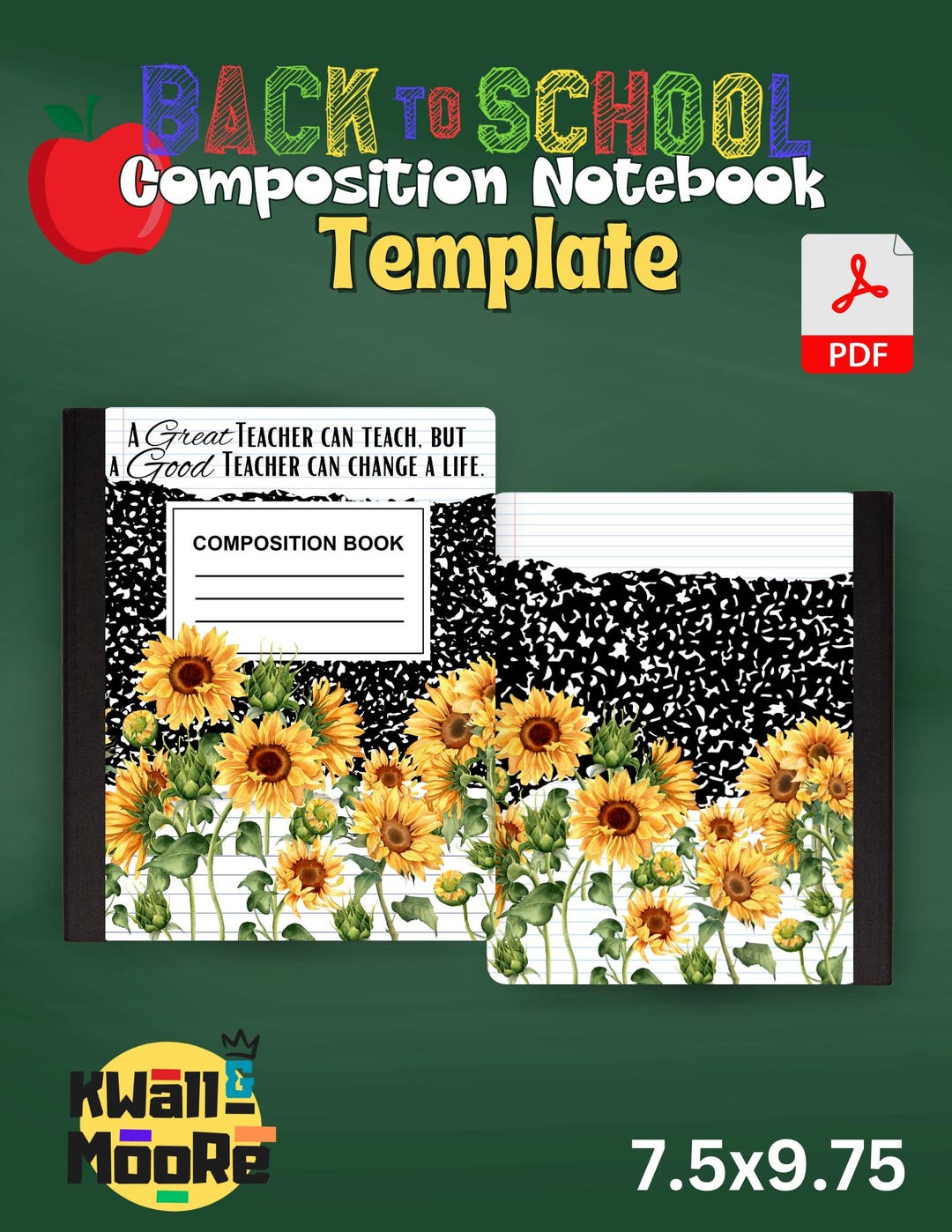 Sunflower Teacher Editable Composition Notebook Template, PDF, Digital ...