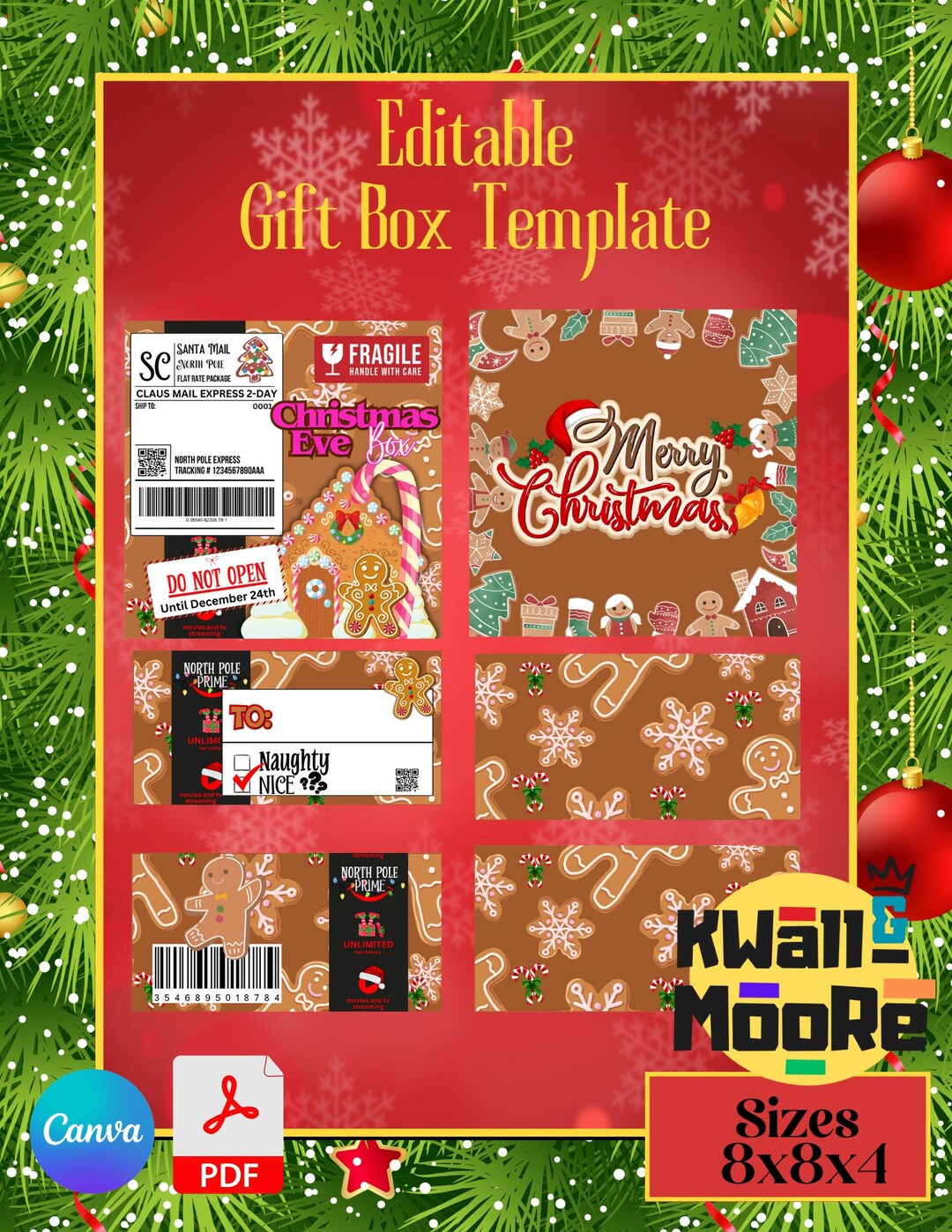 Editable Gingerbread Christmas Gift Box Template, Custom Gift Box ...