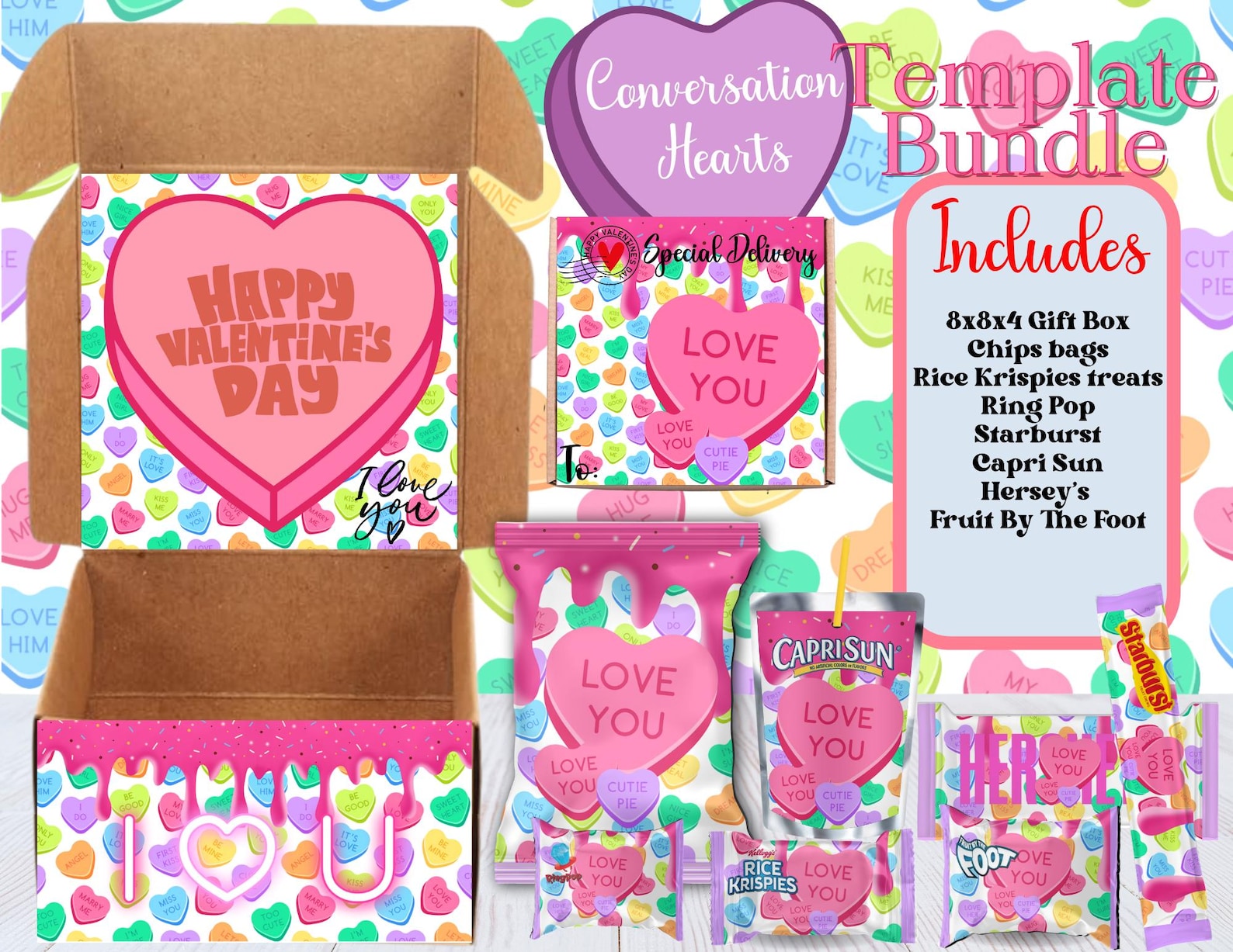 Editable Conversation Hearts Gift Box & Treat Bundle Template, Custom ...
