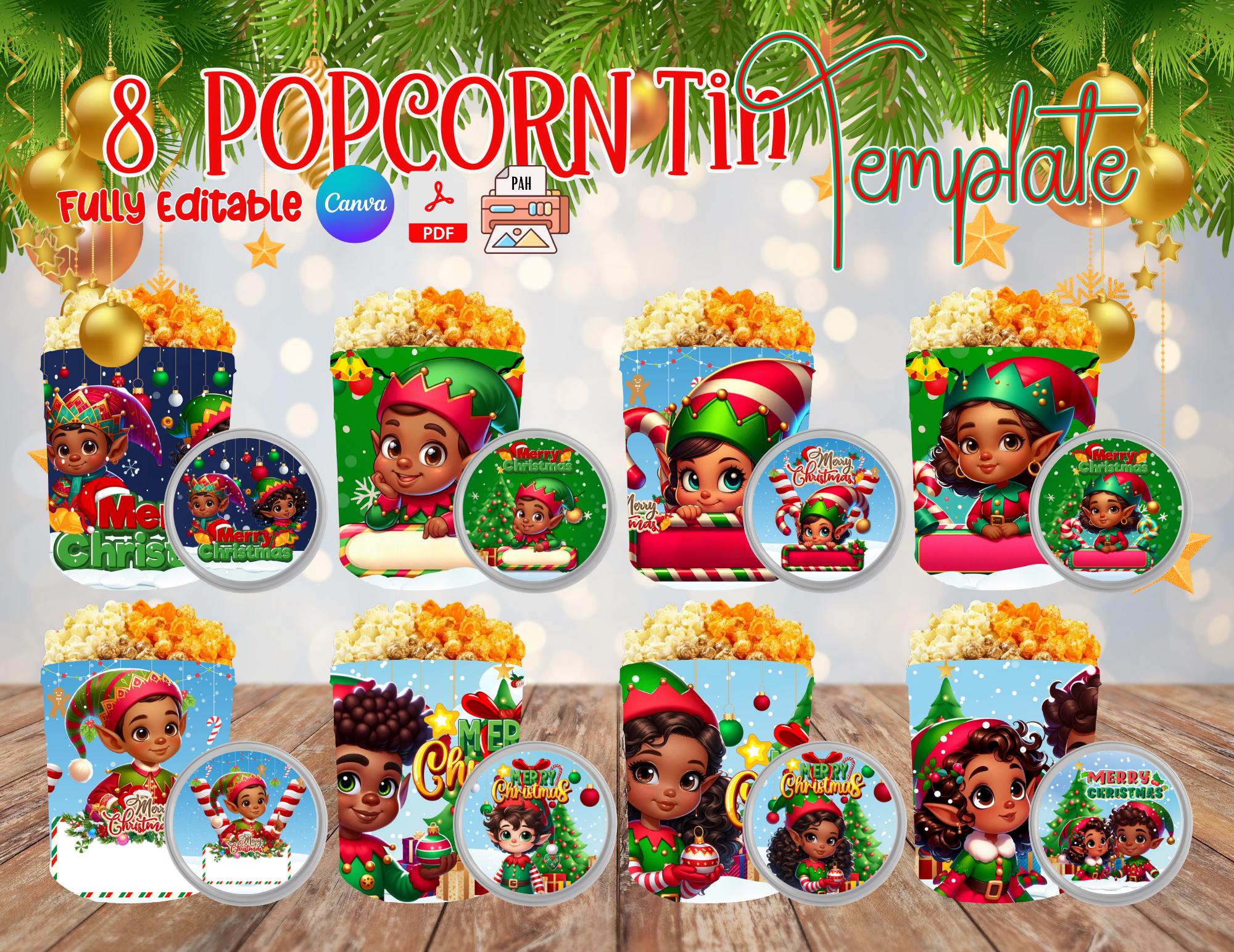 8 Editable Santa's Helpers Popcorn Tin Template Bundle, Walmart Popcorn ...
