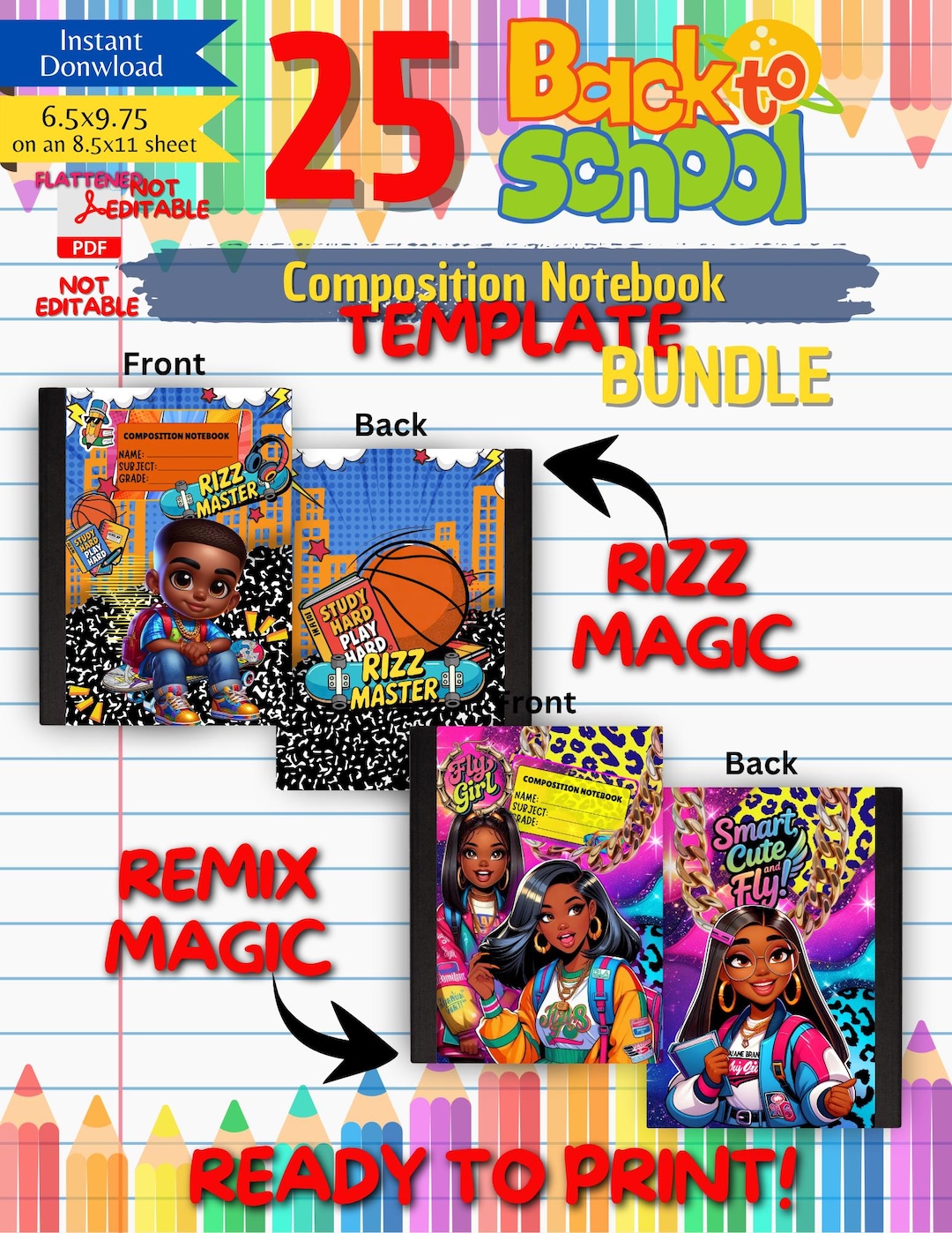 25 Rizz & Remix Magic Composition Notebook Template Bundle, Back to ...