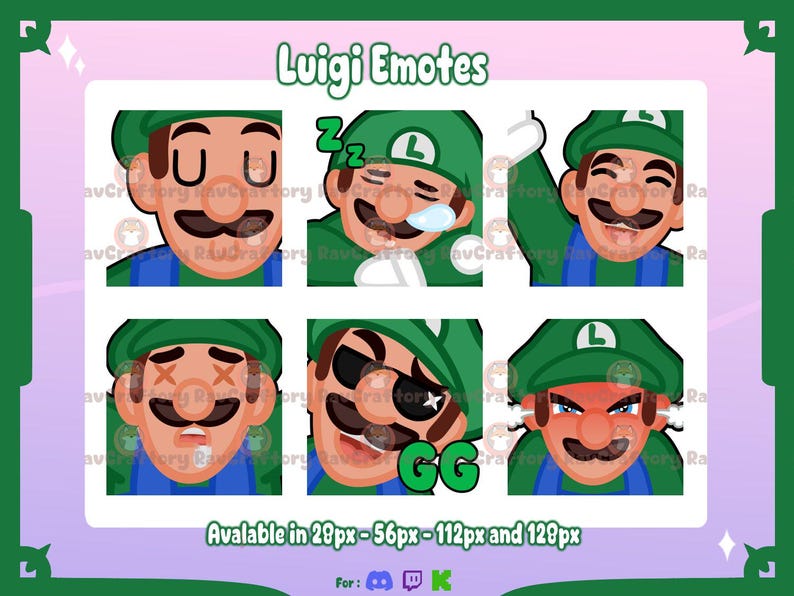 6 Unique Emotes: Luigi for Discord/twitch and Kick Available in 4 Sizes ...