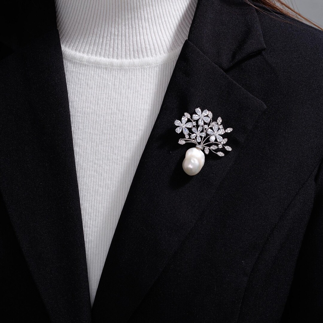Large Baroque Pearl Brooch · White Gold Plated Flower · Wedding Bouquet ...