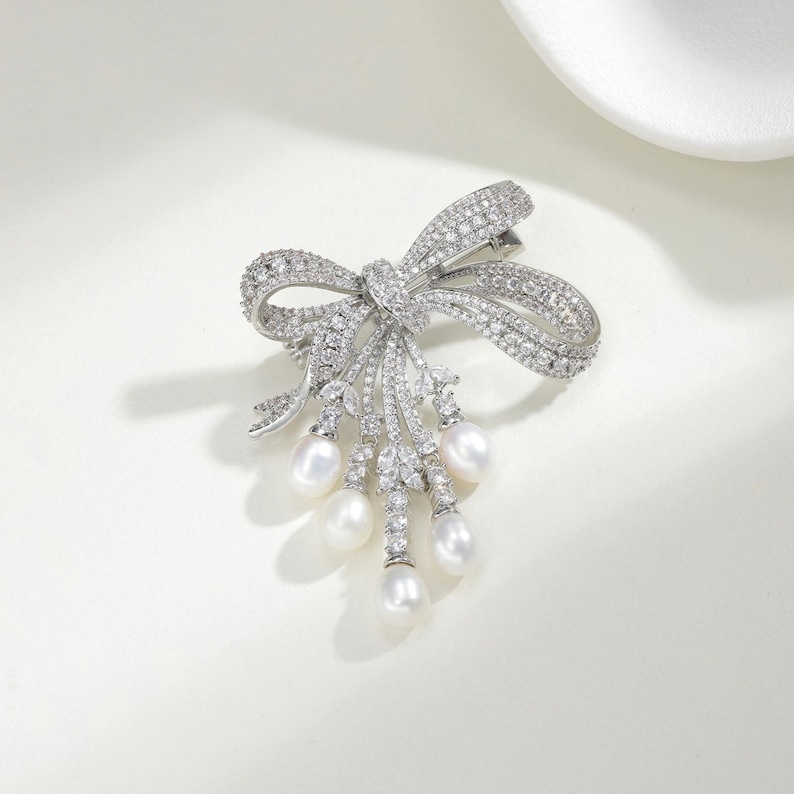 Tassels Brooch Pin With Natural Pearls | 18K Gold Plated Bow | Vintage ...