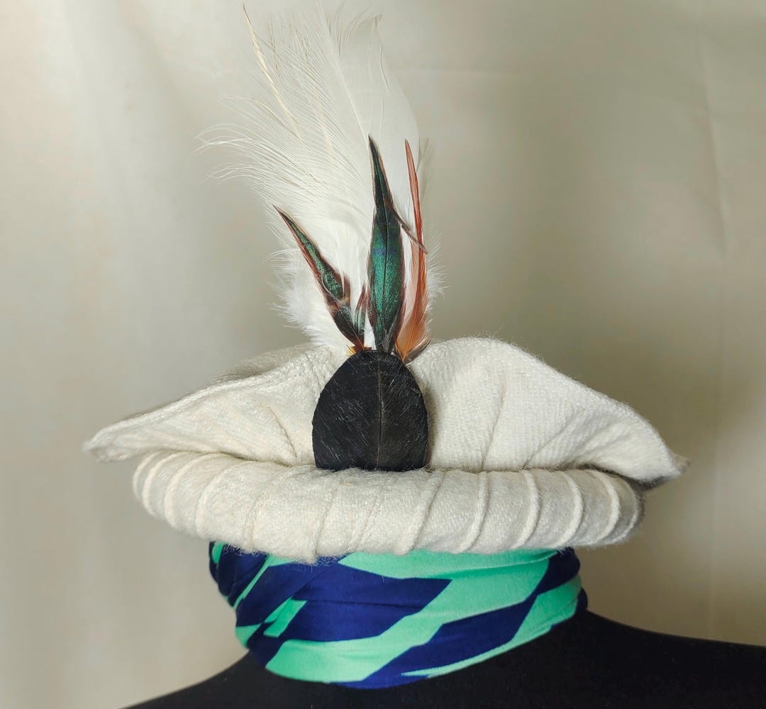 White Pakol Cap With Feather With Lines Handmade Afghani Hat Wool ...