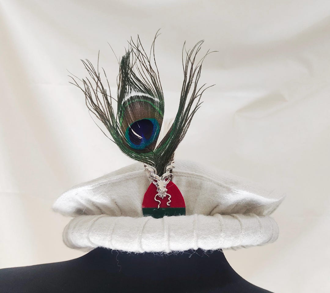 White Pakol Cap With Feather and Markhor Badge Handmade Afghani Hat ...