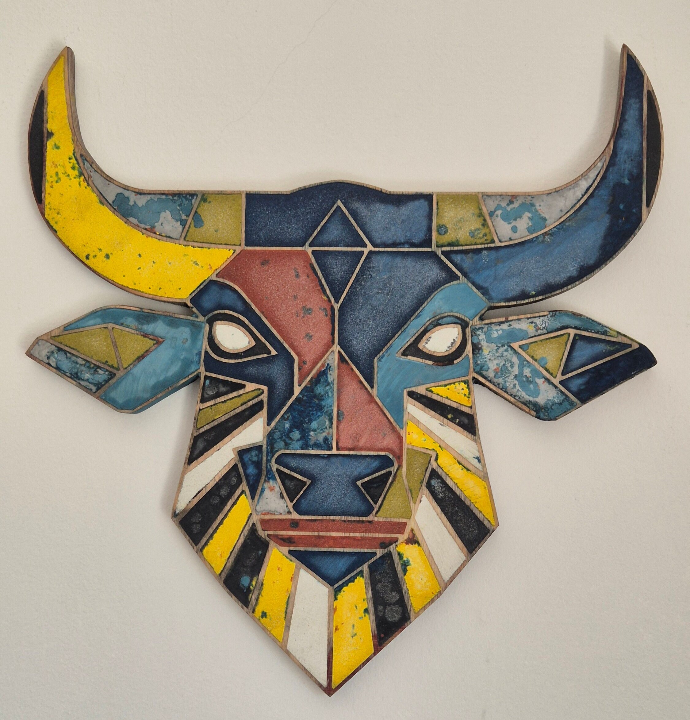 Geometric Cow Head Sculpture: Unique CNC Carved Wood and Concrete - Etsy