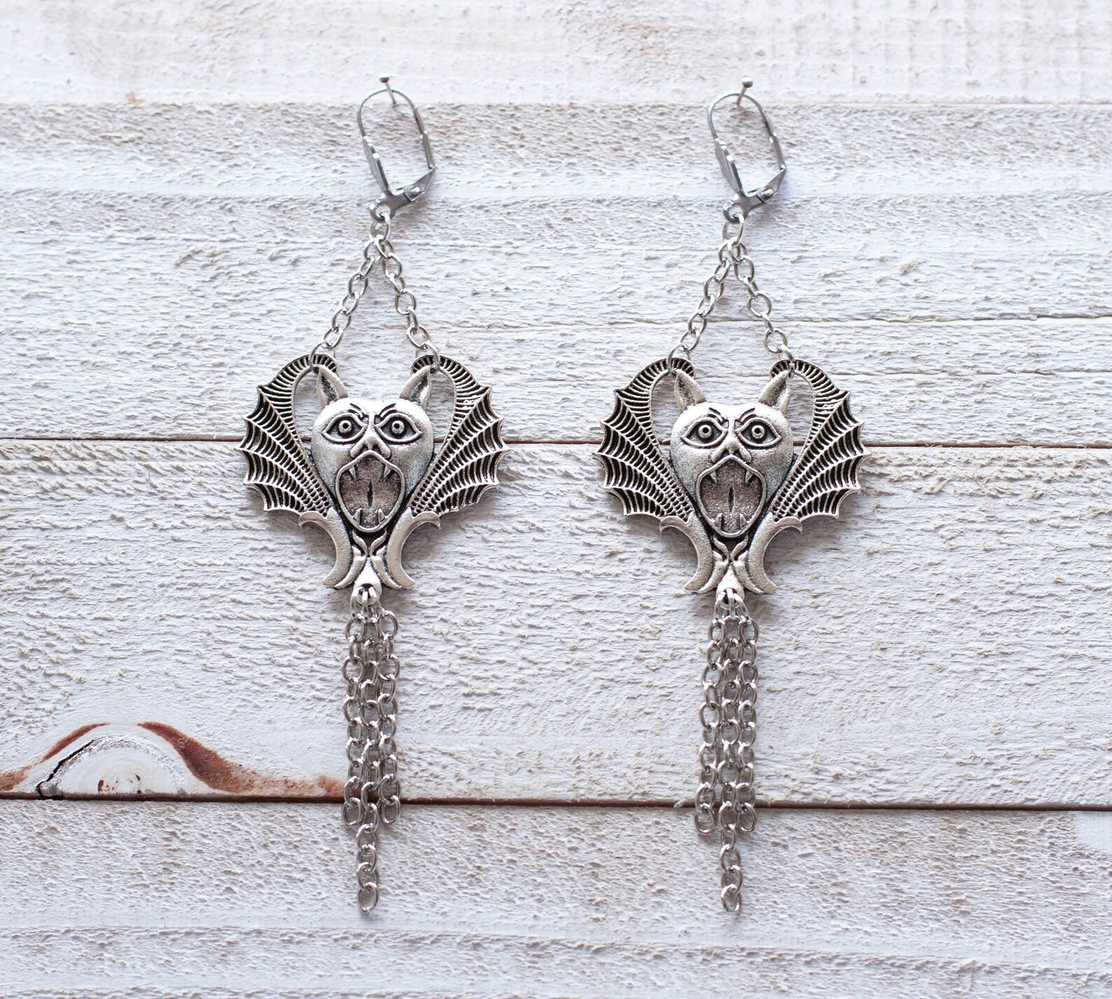 Gargoyle Dangle Earrings With Chains-gothic Jewelry-halloween ...
