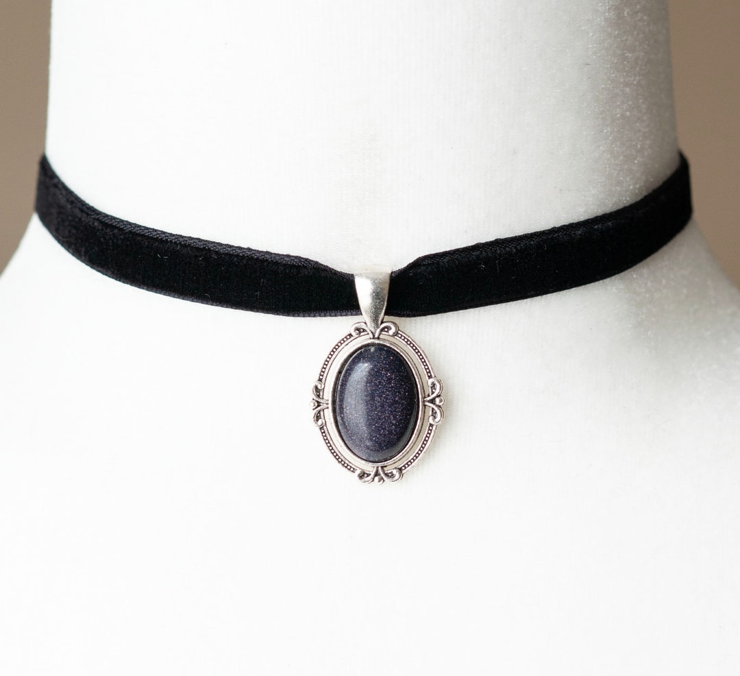Victorian Inspired Black Velvet Choker With Blue Sandstone Cabochon ...