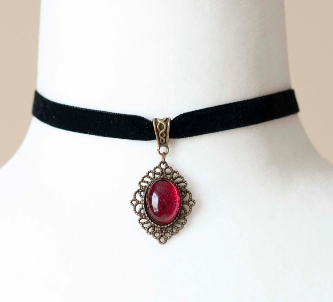 Black Velvet Choker With Blood Red Pendant-gothic Victorian Cameo ...