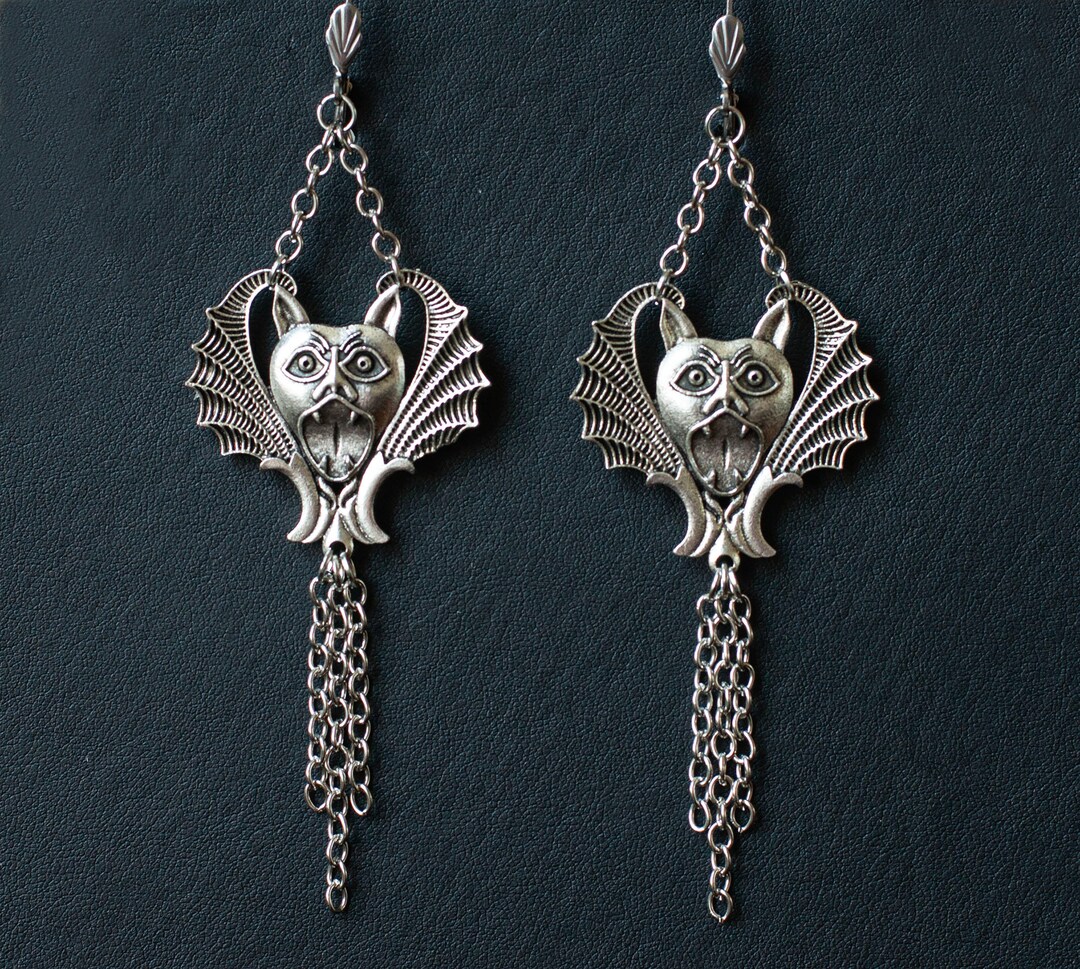 Gargoyle Dangle Earrings With Chains-gothic Jewelry-halloween ...
