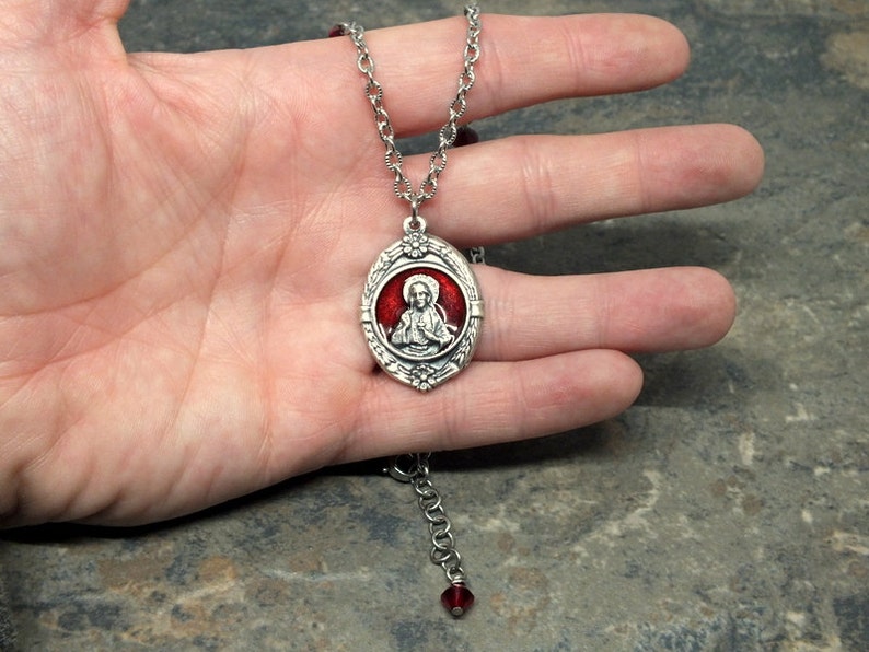 Sacred Heart Necklace with Red Ruby Swarovski Crystal Accents | Etsy