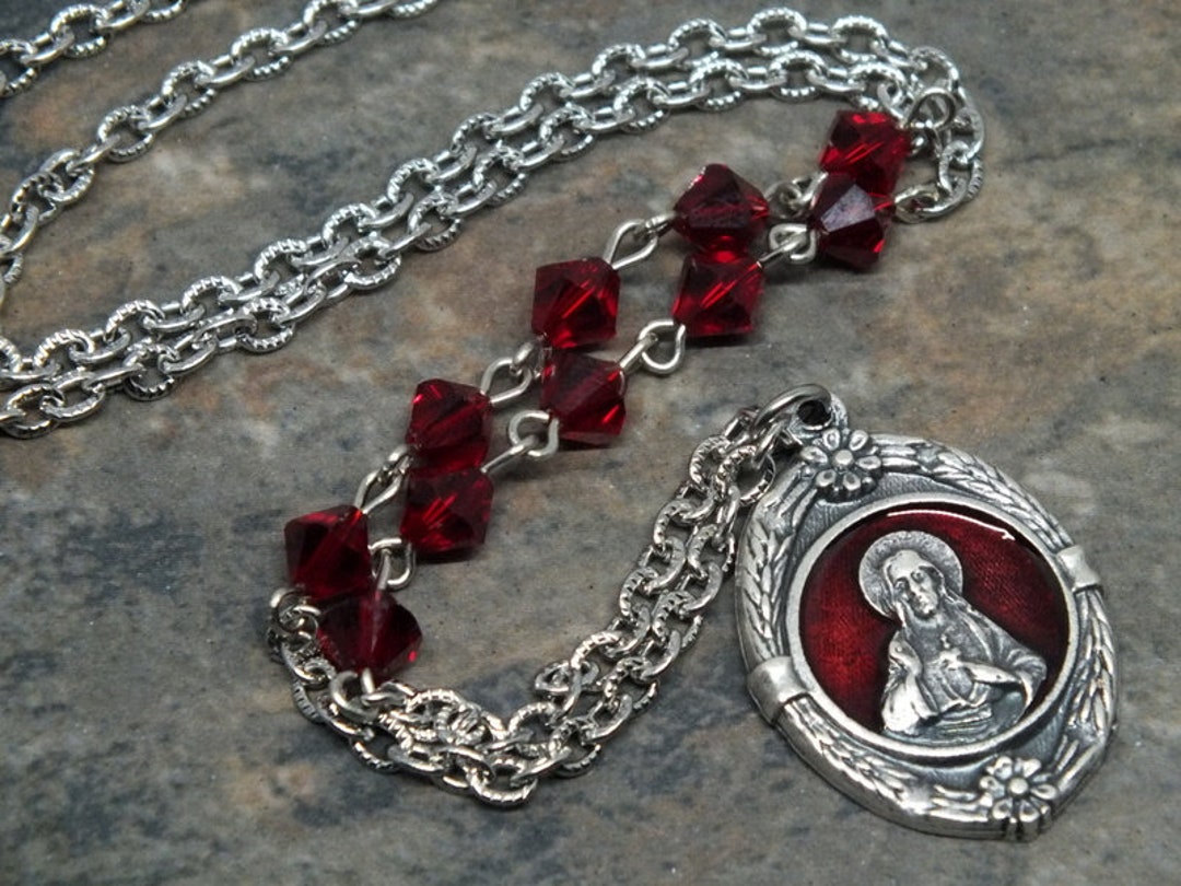 Sacred Heart Necklace With Red Ruby Swarovski Crystal Accents, Sacred ...