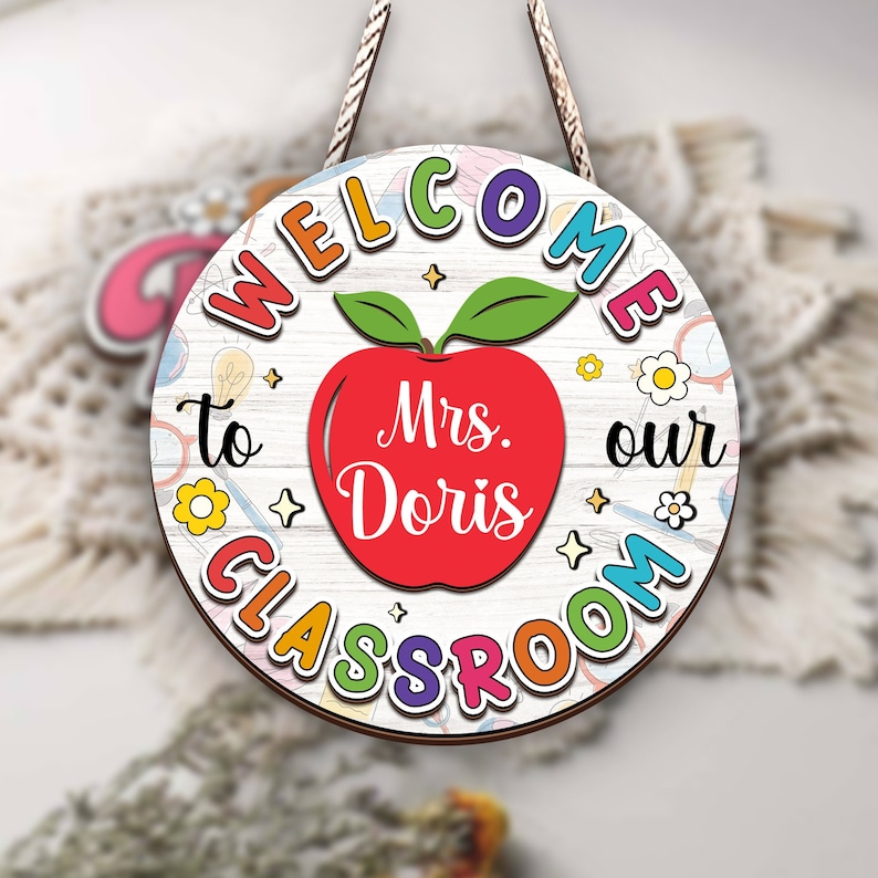 Personalized 3D Teacher Door Sign, Classroom Welcome Sign, Apple ...