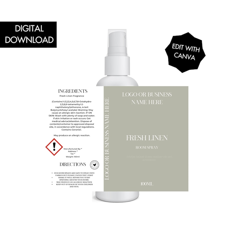 Editable Printable Minimal Room Spray Label Digital Template Download ...