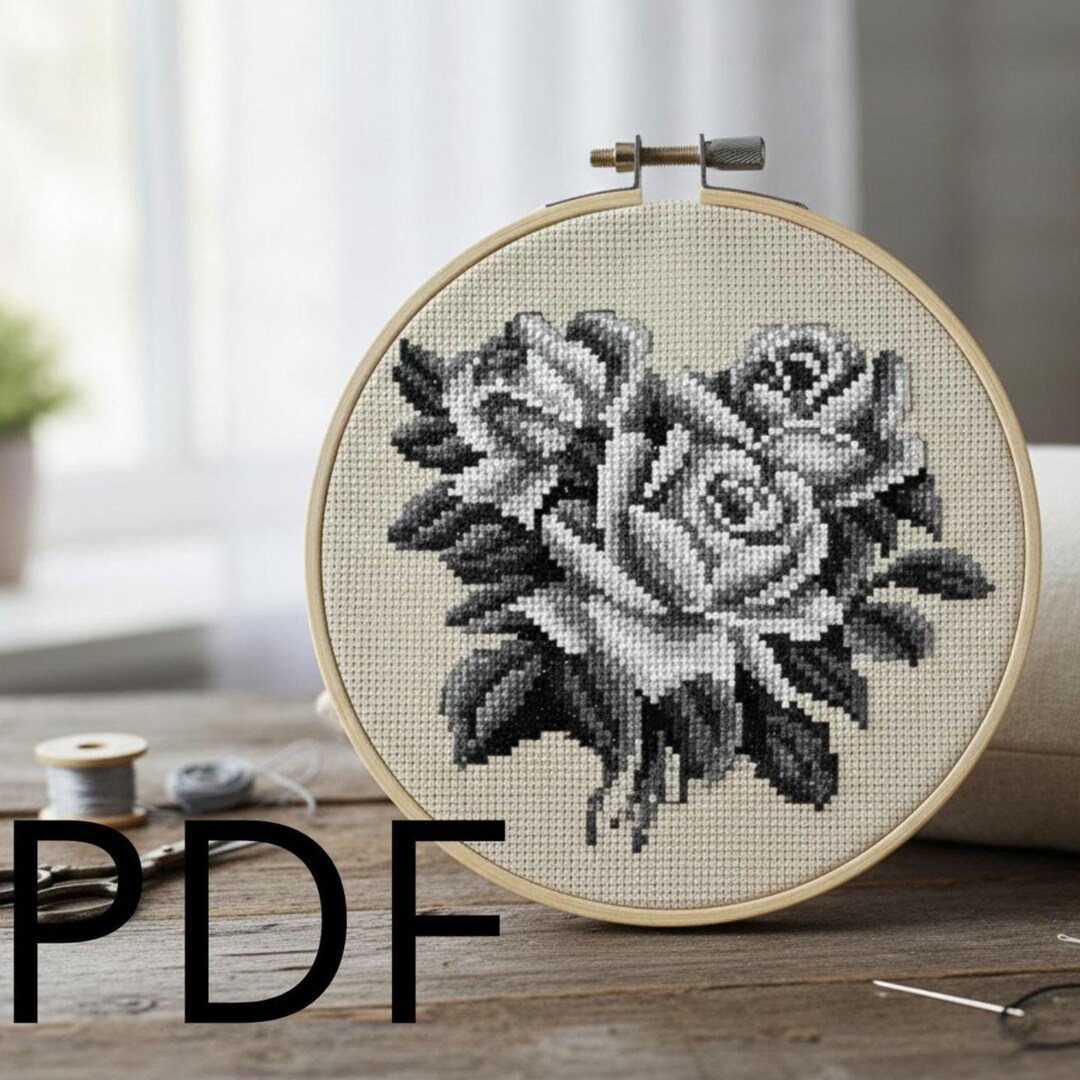 Grayscale Roses Cross Stitch Pattern: Modern Monochrome Floral (PDF ...