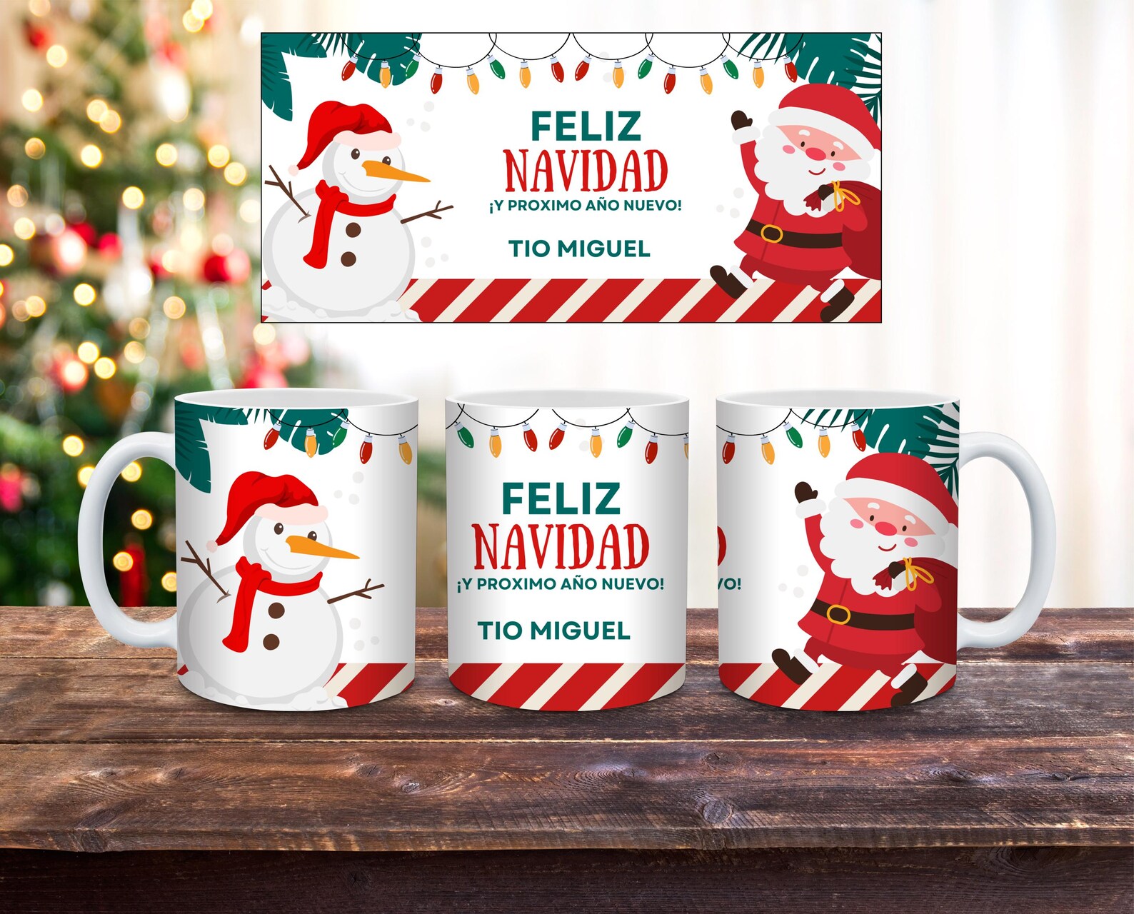 Personalized Feliz Navidad Mug - Fun Snowman and Santa Design - Spanish ...