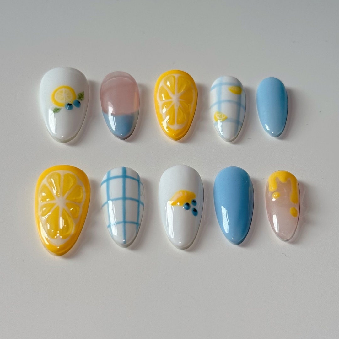 Blue Lemon Press on Nails | 10 Press on Nails | Summer Nails | Custom ...