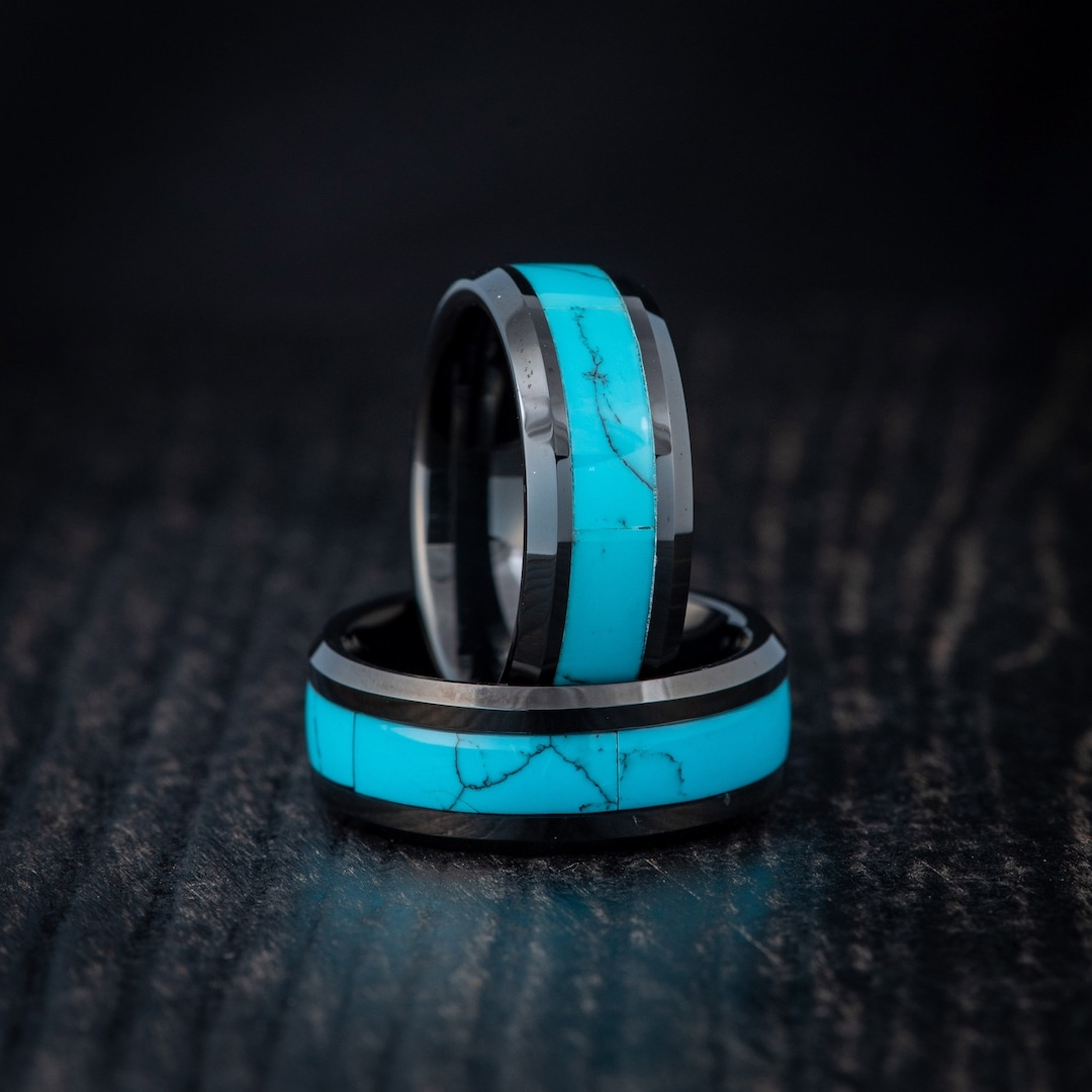 Blue Turquoise Wedding Ring for Men, Black Tungsten Ring, Custom ...