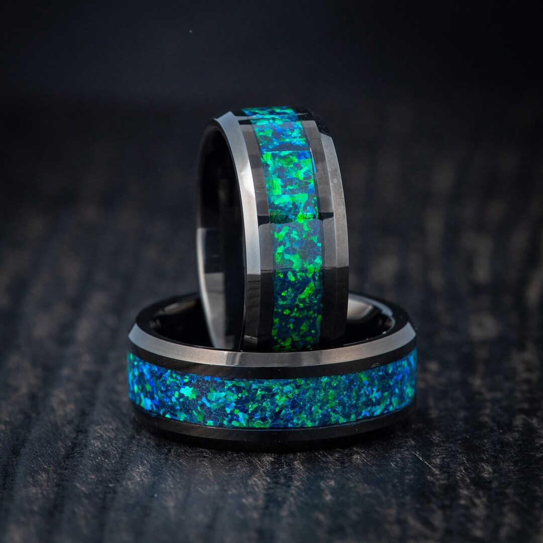 Space Galaxy Ring, Nebula Blue Green Opal Ring, Custom Engraved Ring ...