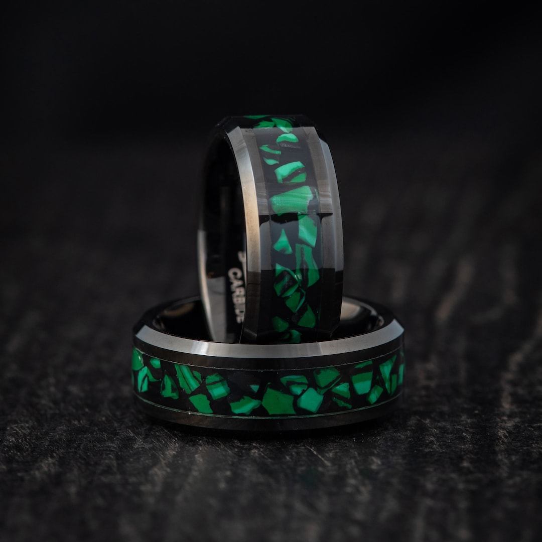 Malachite Tungsten Wedding Ring for Men, Custom Engraved Promise Band ...