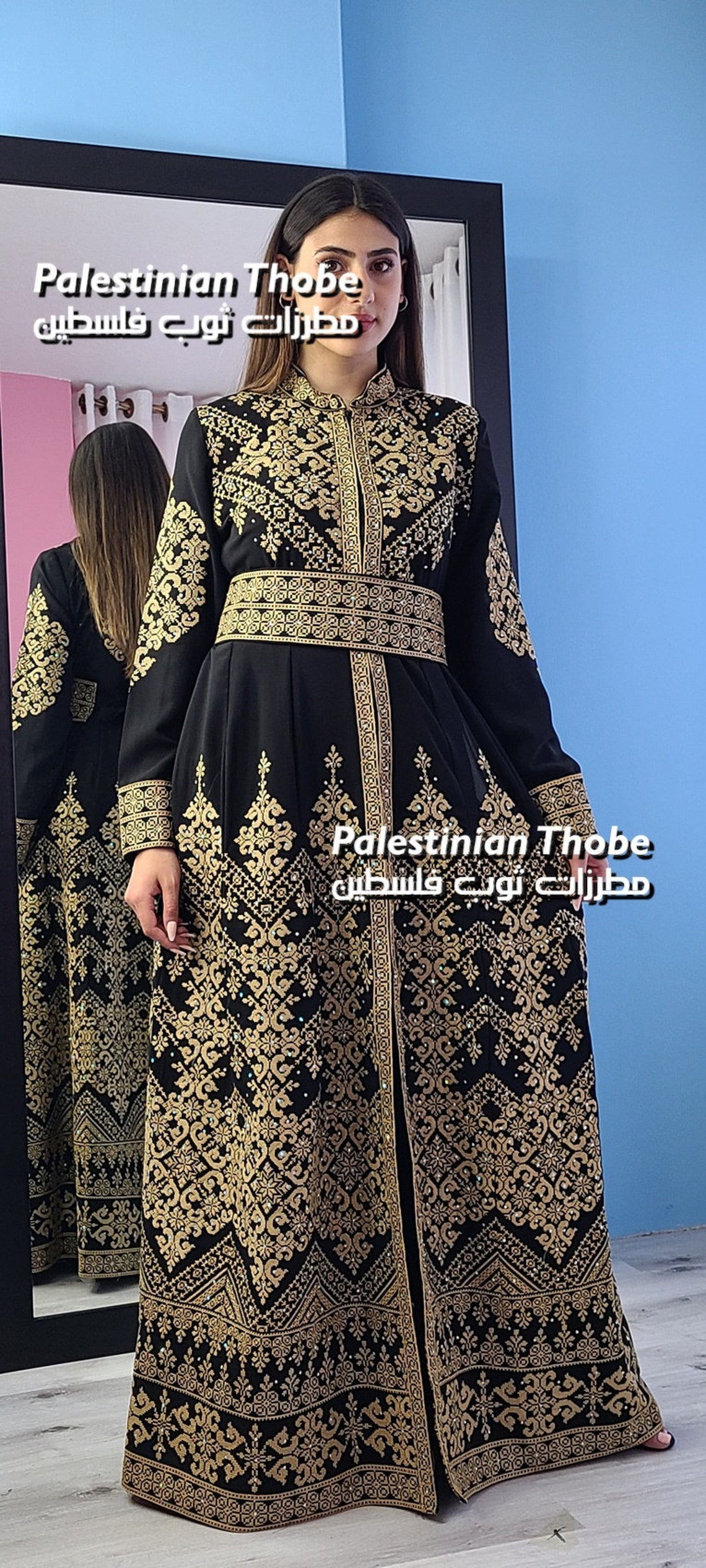 Luxury Black & Gold Embroidered Kaftan Palestinian Thobe Embroidery ...