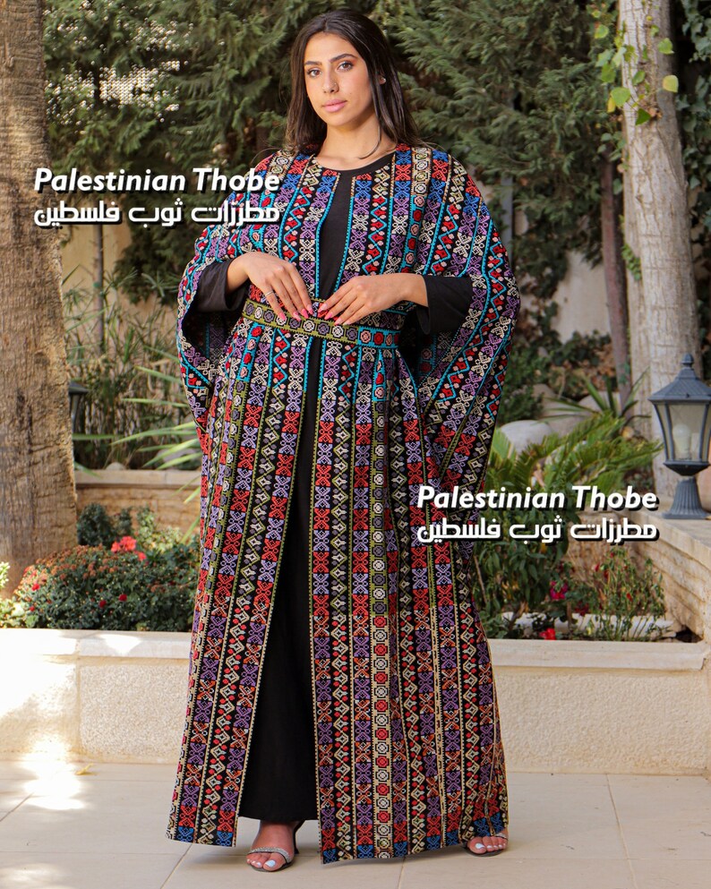 Luxury Colored Embroidered Abaya Bisht Palestinian Thobe Embroidery ...