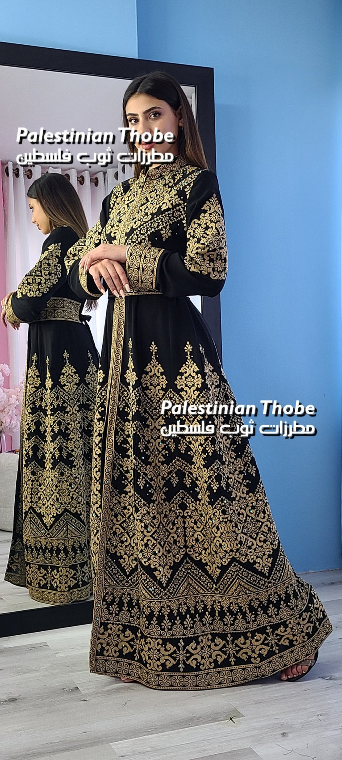 Luxury Black & Gold Embroidered Kaftan Palestinian Thobe Embroidery ...