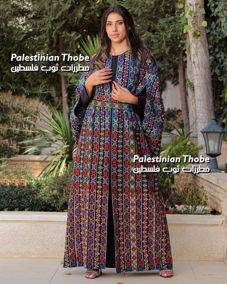 Luxury Colored Embroidered Abaya Bisht Palestinian Thobe Embroidery ...