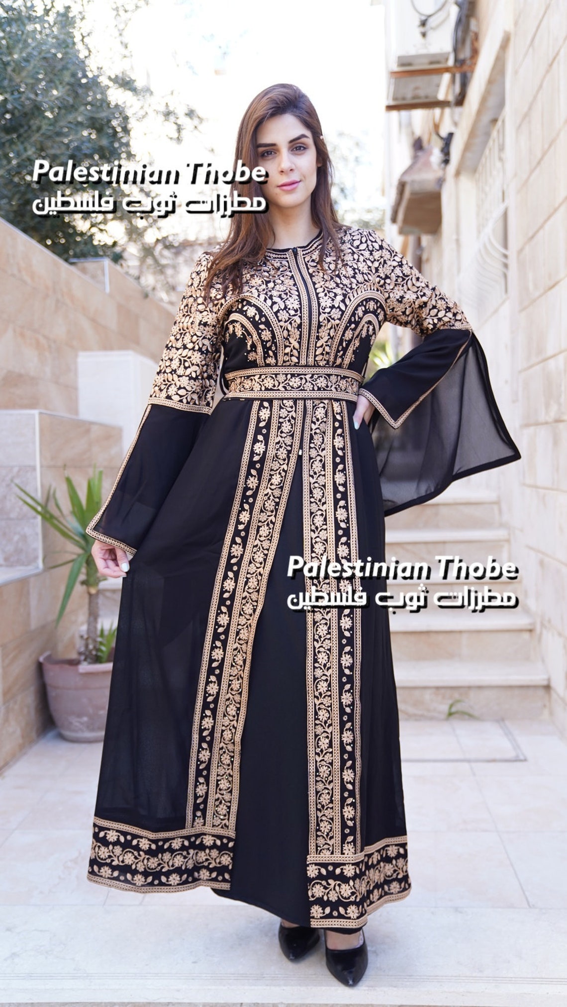 Luxury Gold Embroidered Kaftan Palestinian Thobe Embroidery Jordanian ...