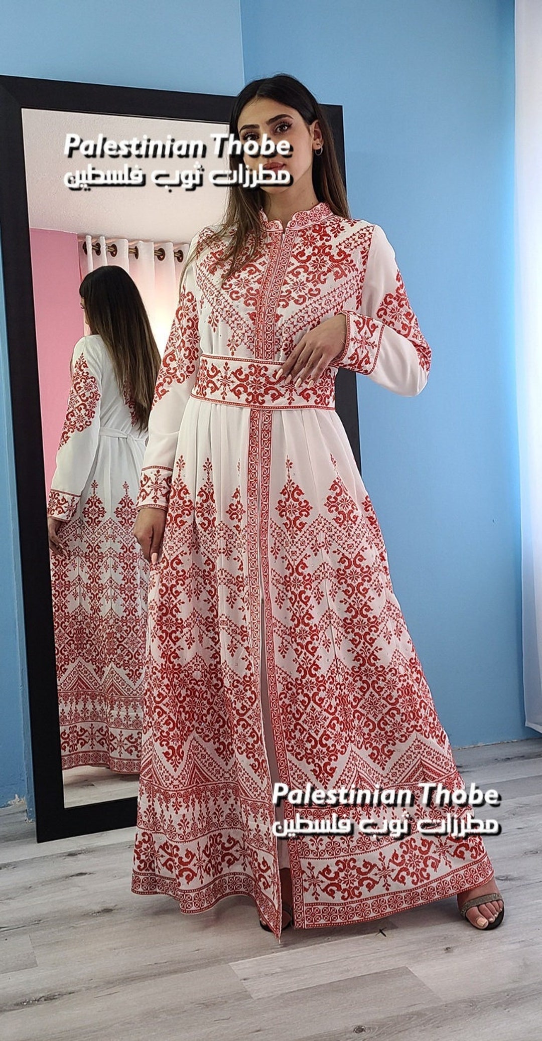 Luxury White & Red Embroidered Kaftan Palestinian Thobe Embroidery ...